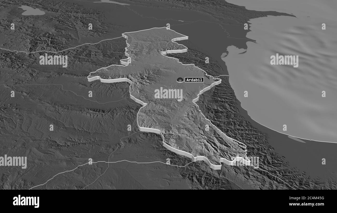 Zoom in on Ardebil (province of Iran) extruded. Oblique perspective ...