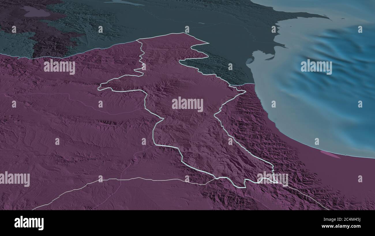Zoom in on Ardebil (province of Iran) outlined. Oblique perspective ...