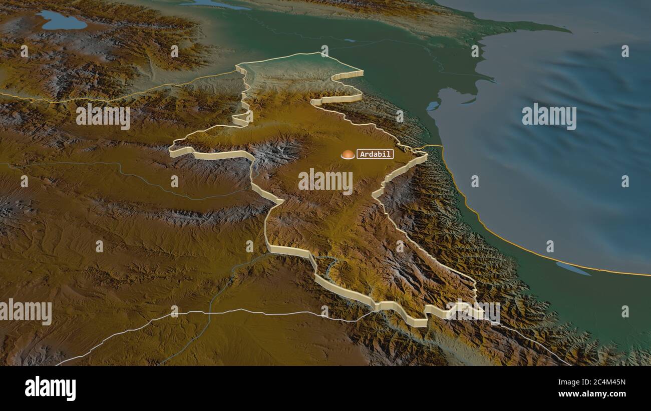 Zoom in on Ardebil (province of Iran) extruded. Oblique perspective ...