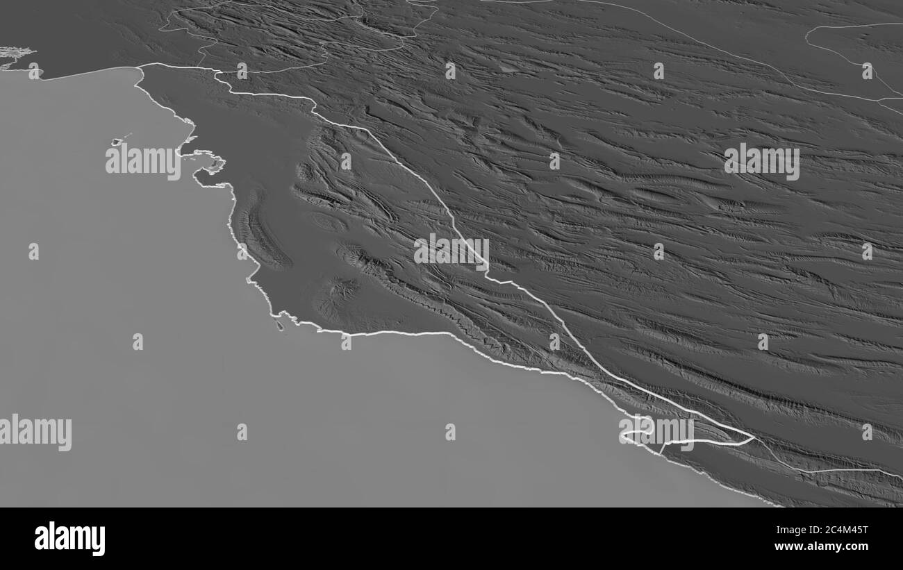 Zoom in on Bushehr (province of Iran) outlined. Oblique perspective ...