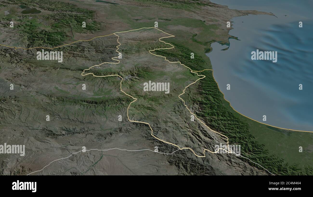 Zoom in on Ardebil (province of Iran) outlined. Oblique perspective ...