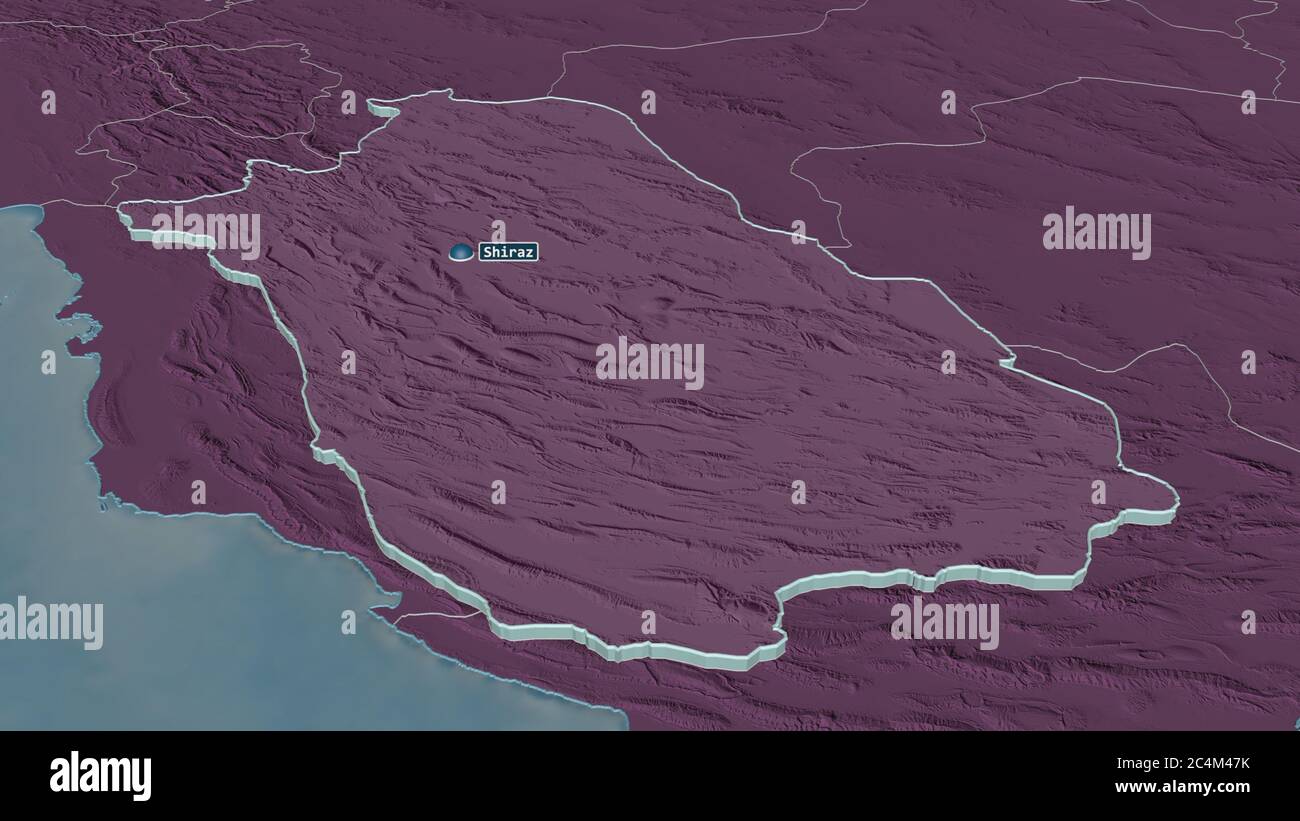 Zoom in on Fars (province of Iran) extruded. Oblique perspective ...
