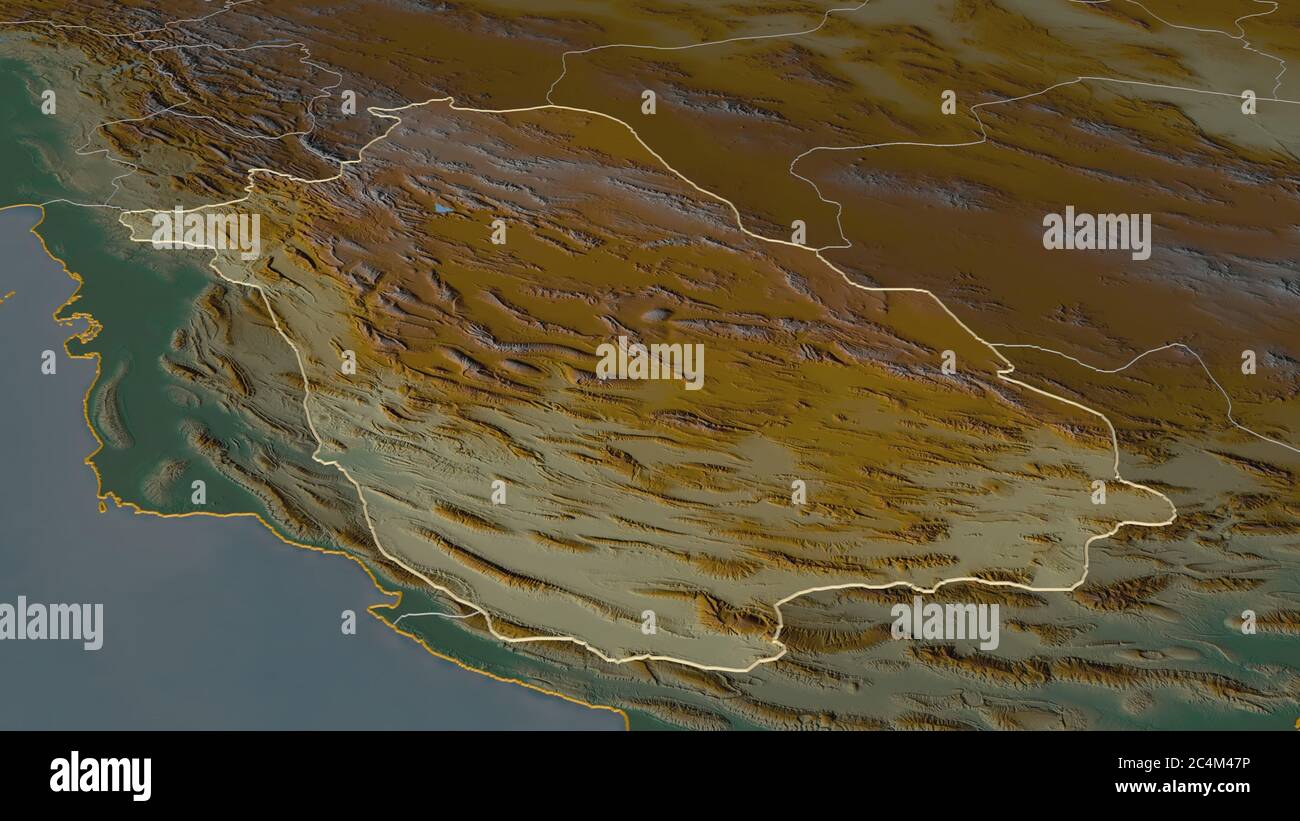 Zoom in on Fars (province of Iran) outlined. Oblique perspective ...