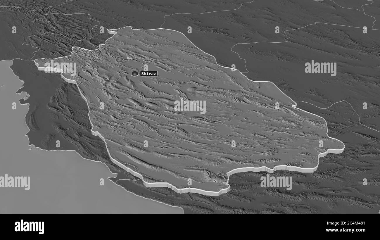 Zoom in on Fars (province of Iran) extruded. Oblique perspective ...