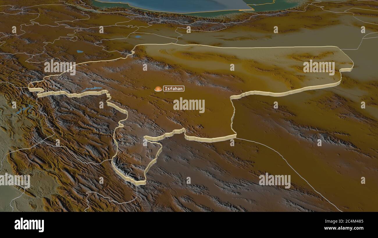 Zoom in on Esfahan (province of Iran) extruded. Oblique perspective ...