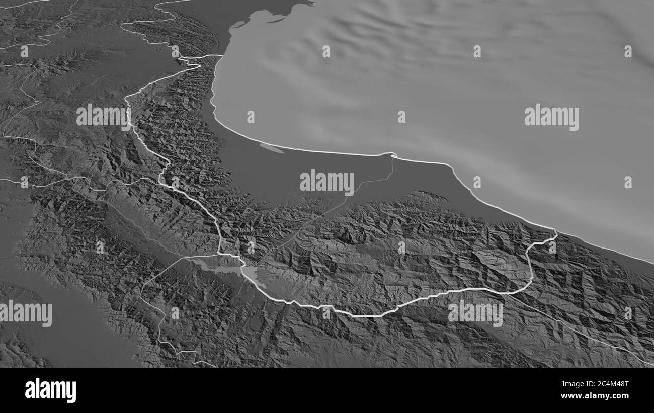 Zoom in on Gilan (province of Iran) outlined. Oblique perspective ...