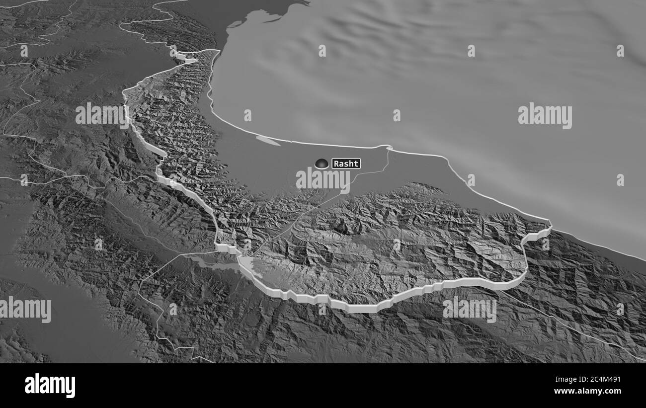Zoom in on Gilan (province of Iran) extruded. Oblique perspective ...