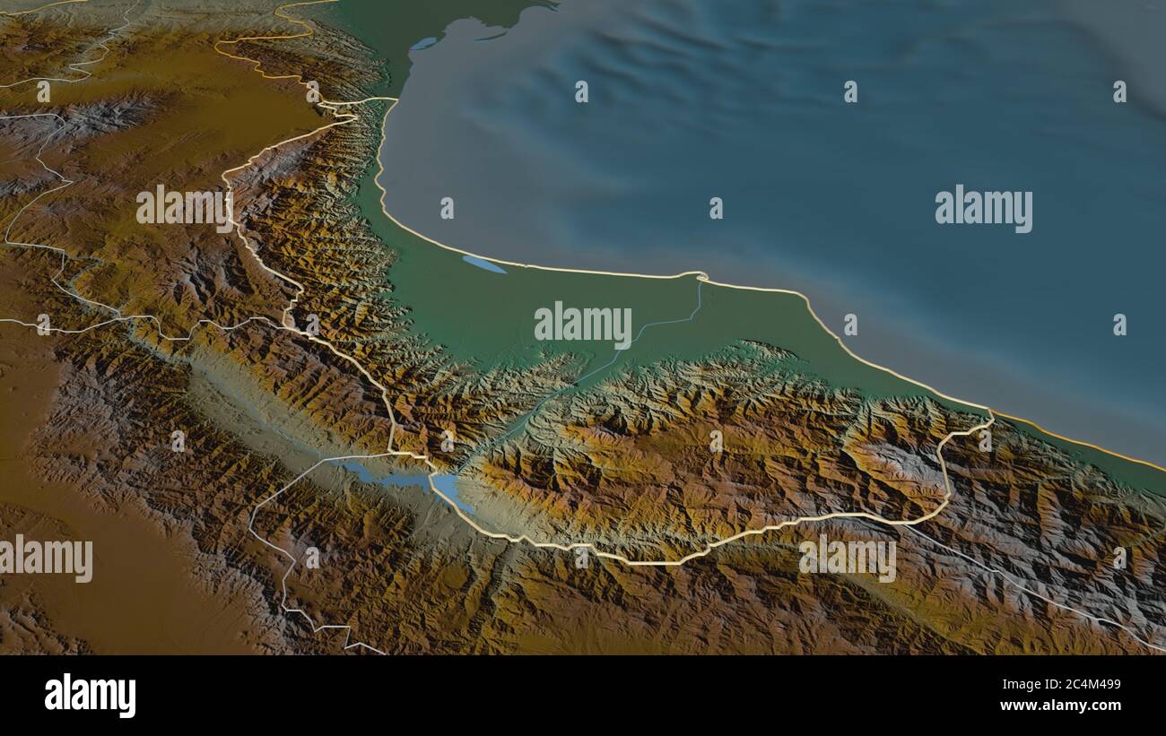 Zoom in on Gilan (province of Iran) outlined. Oblique perspective ...
