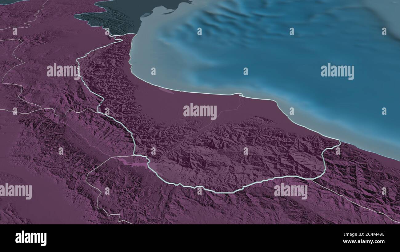 Zoom in on Gilan (province of Iran) outlined. Oblique perspective ...