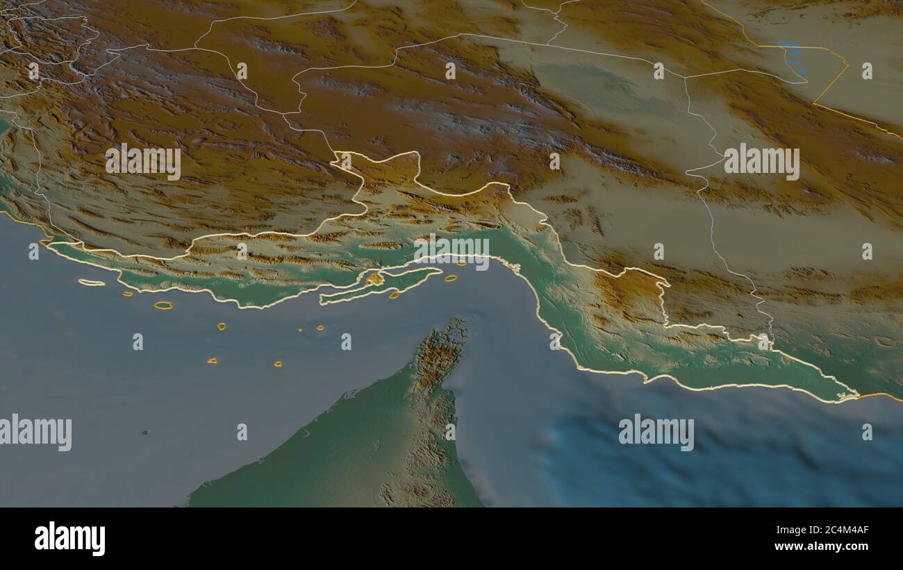 Zoom in on Hormozgan (province of Iran) outlined. Oblique perspective ...