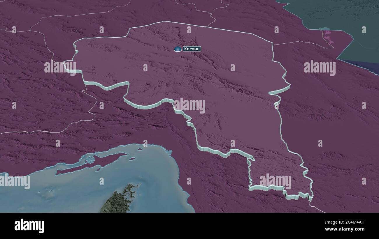 Zoom in on Kerman (province of Iran) extruded. Oblique perspective ...