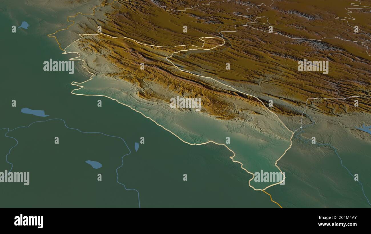 Zoom in on Ilam (province of Iran) outlined. Oblique perspective ...
