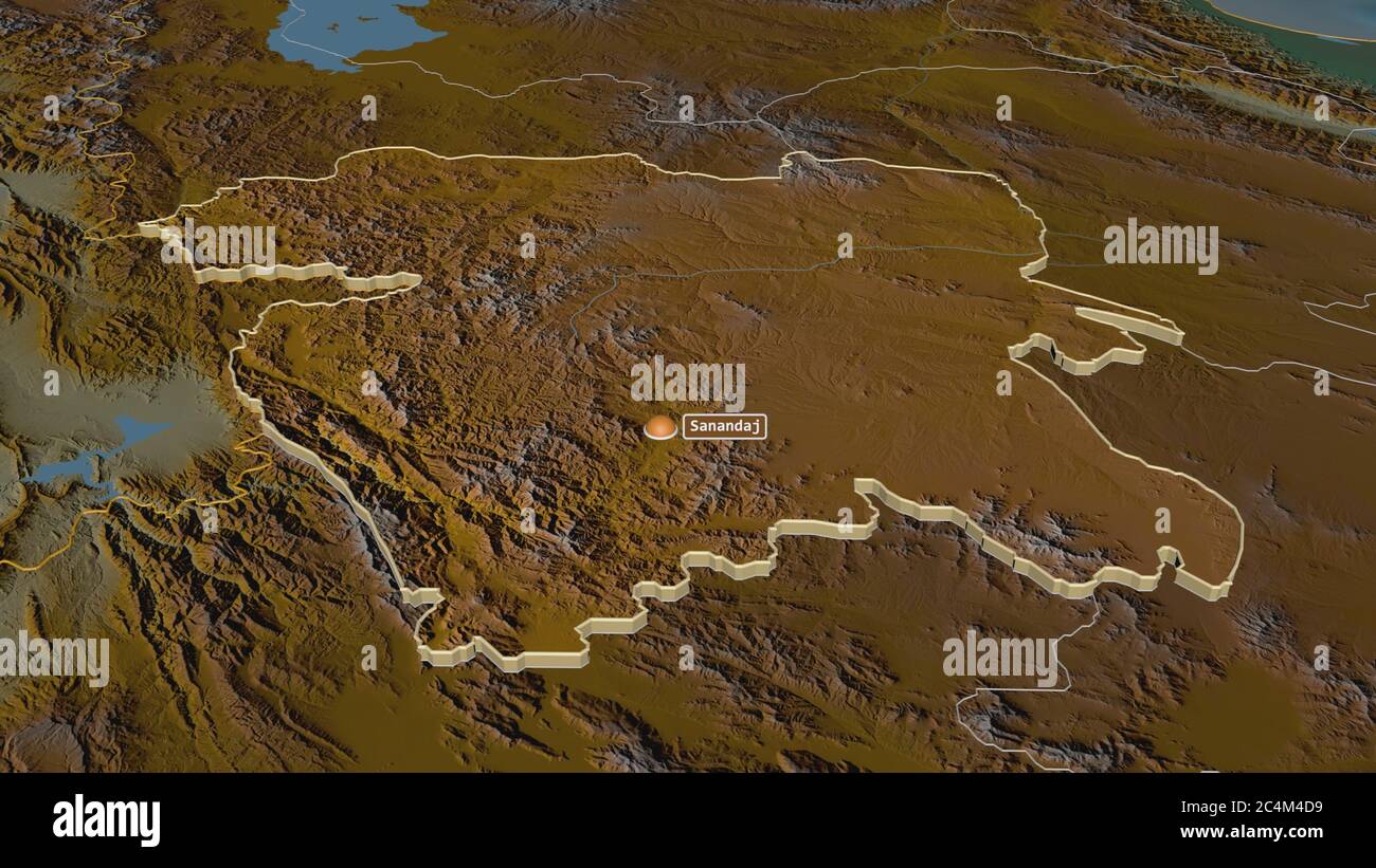 Zoom in on Kordestan (province of Iran) extruded. Oblique perspective ...