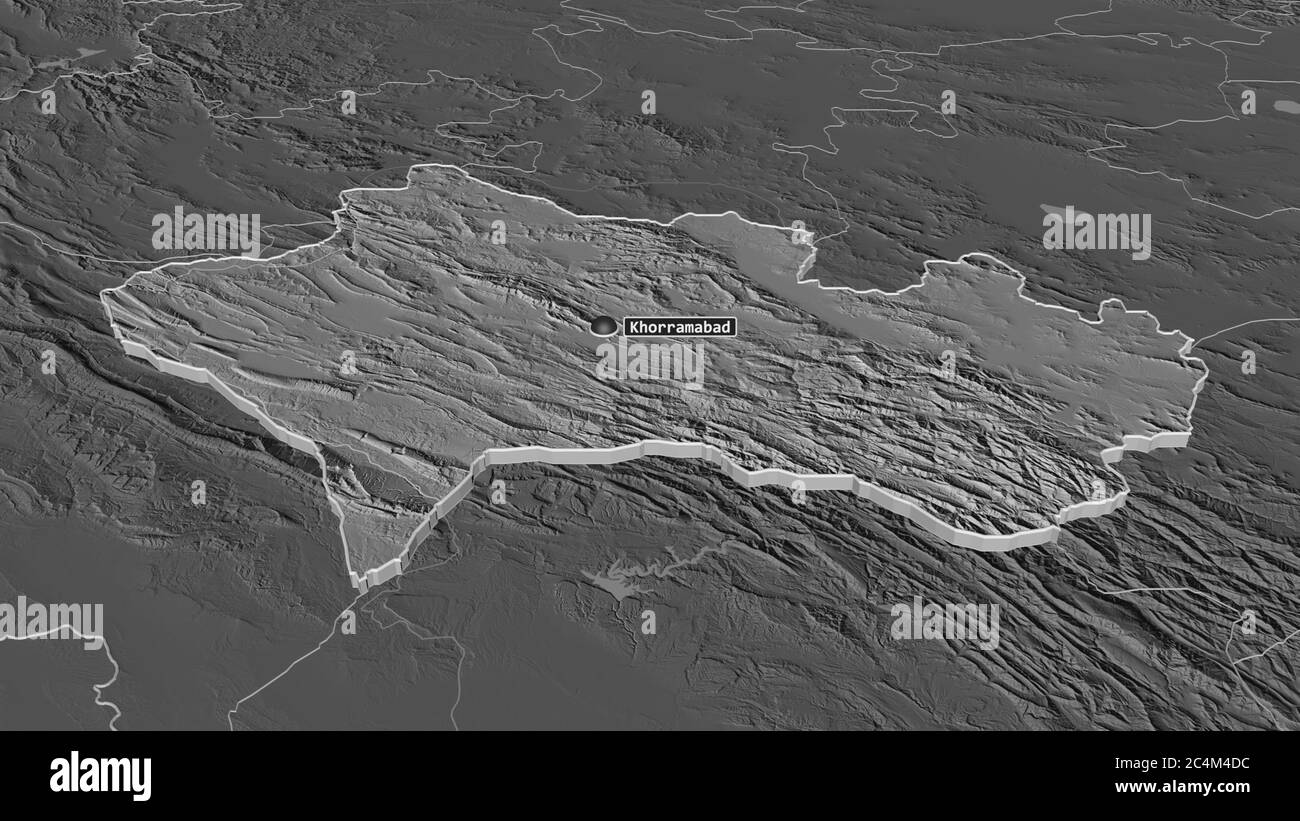 Zoom in on Lorestan (province of Iran) extruded. Oblique perspective ...