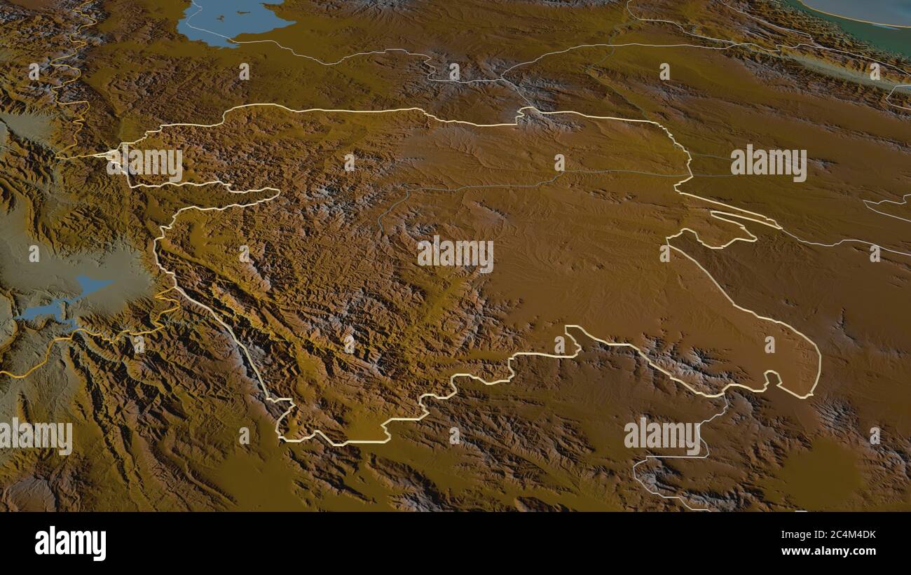 Zoom in on Kordestan (province of Iran) outlined. Oblique perspective ...
