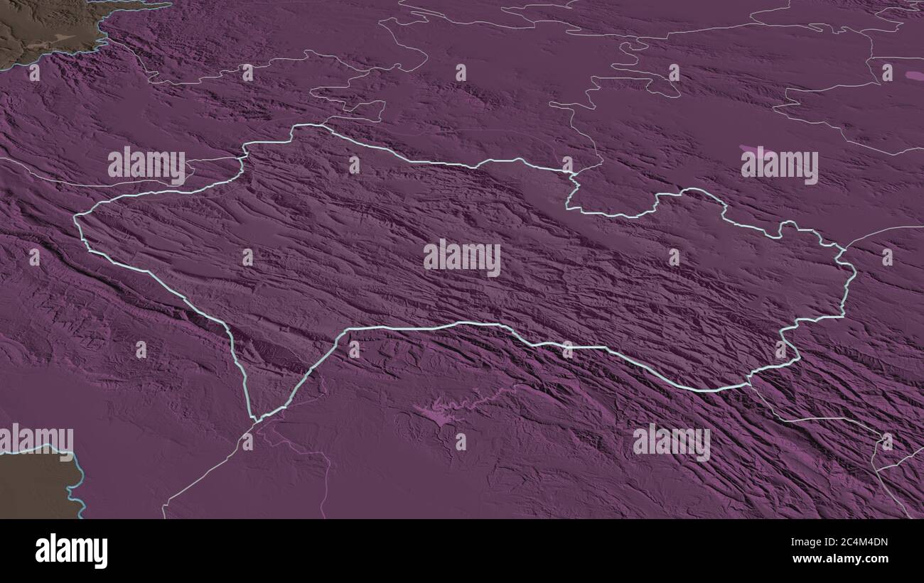 Zoom in on Lorestan (province of Iran) outlined. Oblique perspective ...