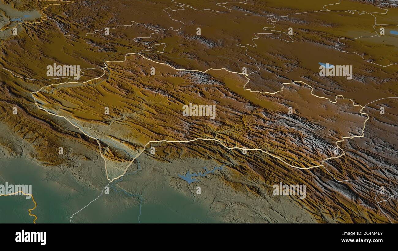 Zoom in on Lorestan (province of Iran) outlined. Oblique perspective ...
