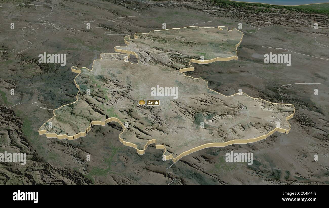 Zoom in on Markazi (province of Iran) extruded. Oblique perspective ...