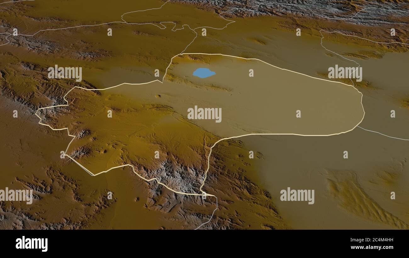 Zoom in on Qom (province of Iran) outlined. Oblique perspective ...