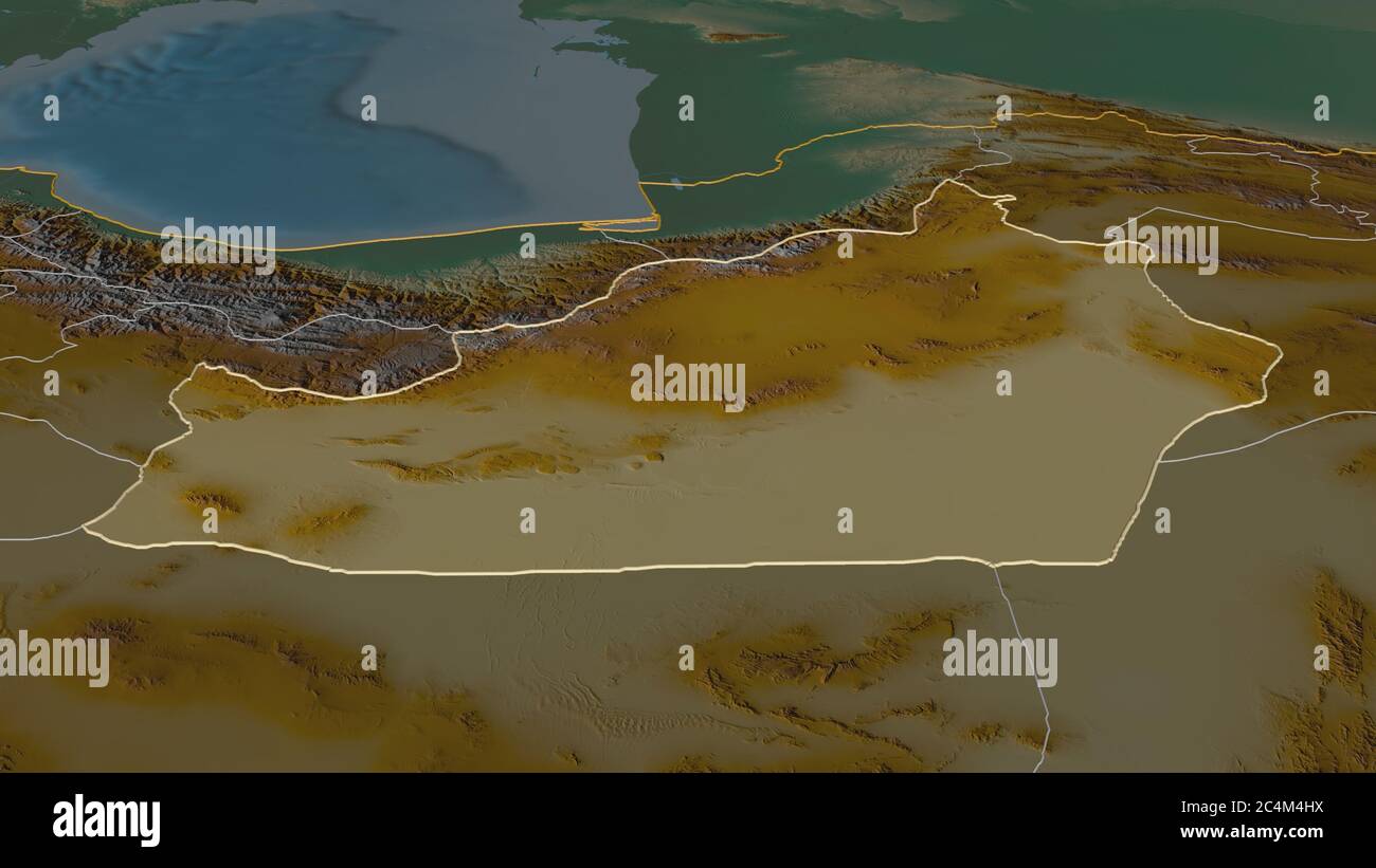 Zoom in on Semnan (province of Iran) outlined. Oblique perspective ...
