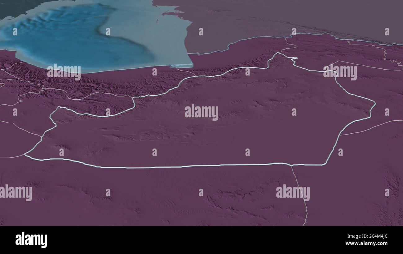 Zoom in on Semnan (province of Iran) outlined. Oblique perspective ...