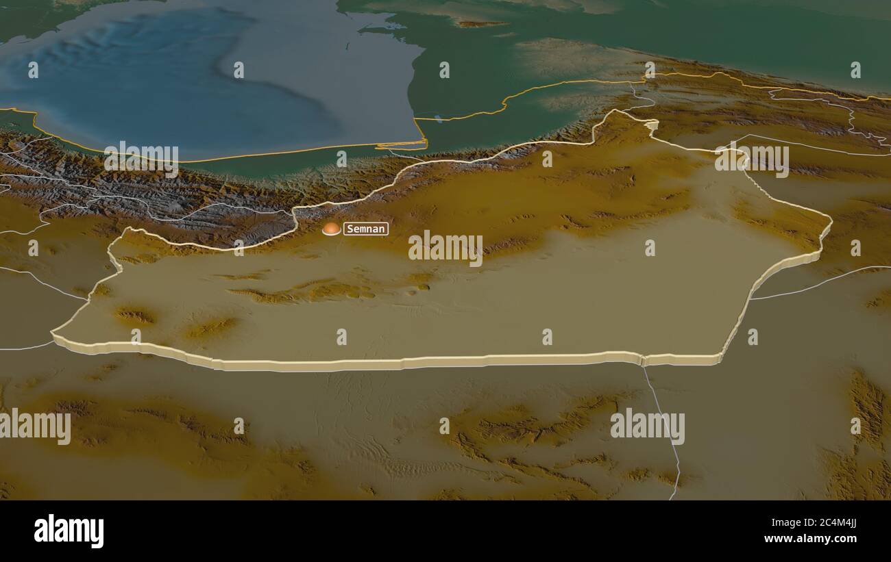 Zoom in on Semnan (province of Iran) extruded. Oblique perspective ...