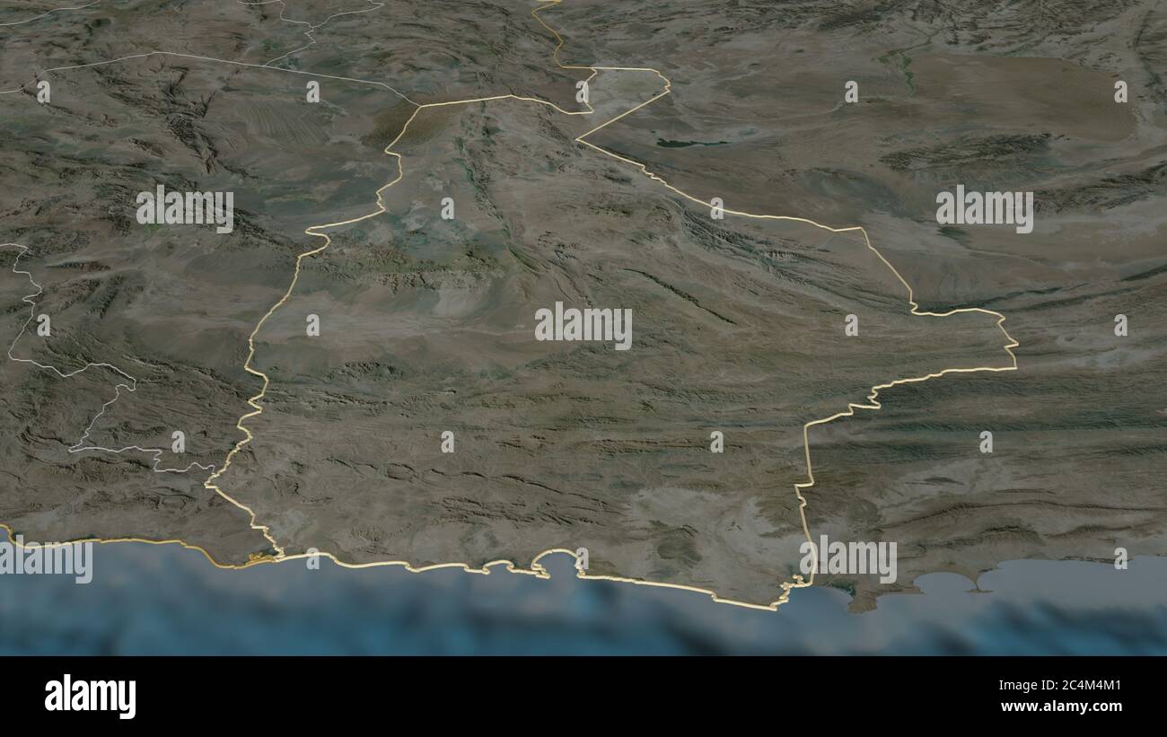 Zoom in on Sistan and Baluchestan (province of Iran) outlined. Oblique ...