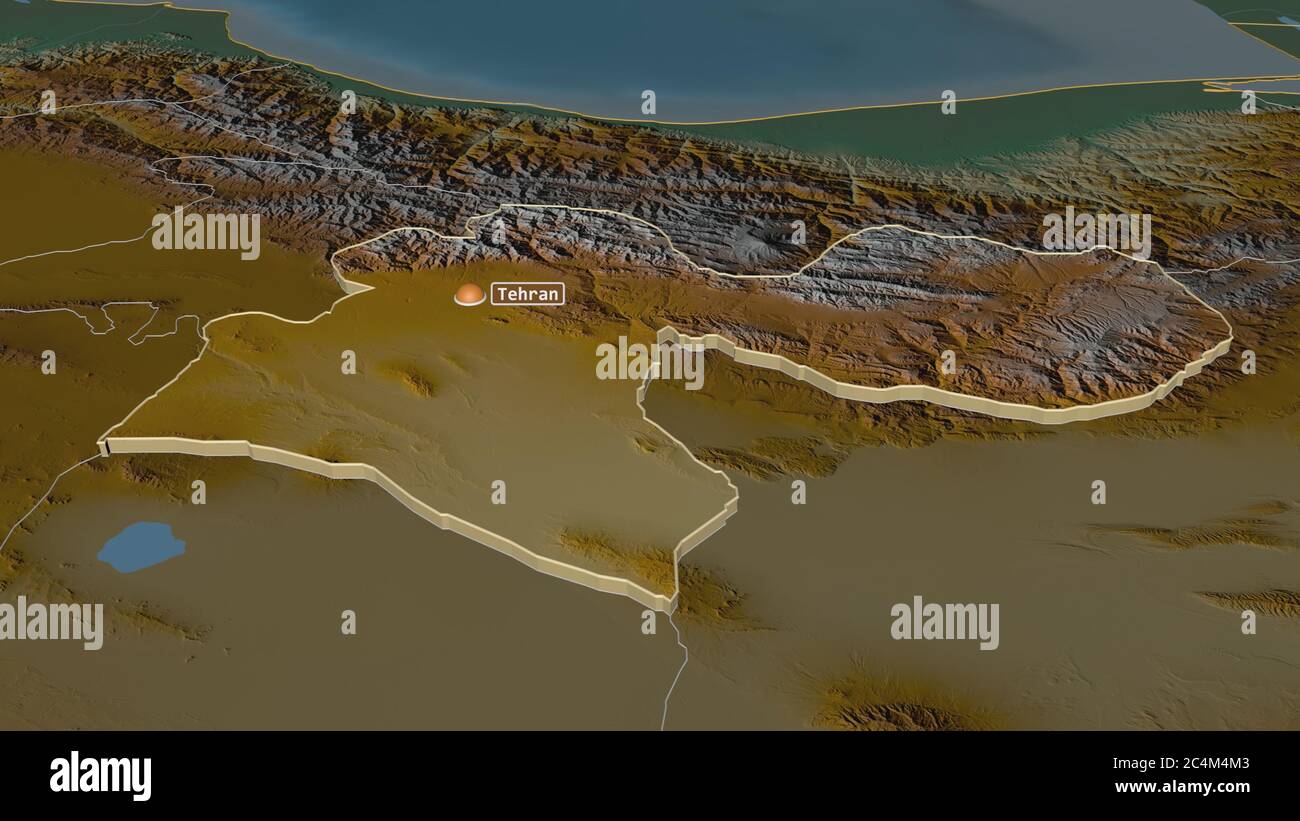 Zoom in on Tehran (province of Iran) extruded. Oblique perspective ...