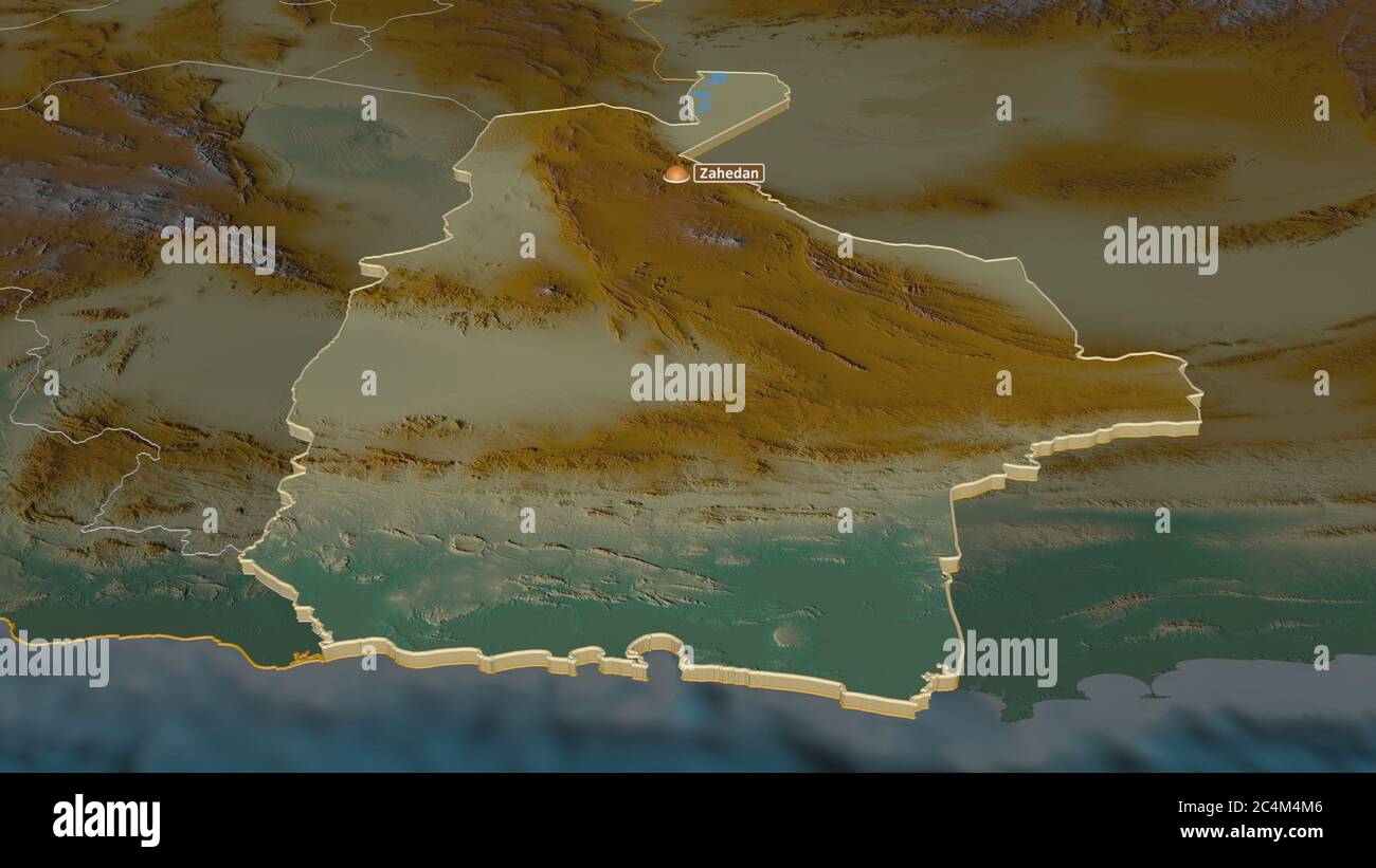 Zoom in on Sistan and Baluchestan (province of Iran) extruded. Oblique ...