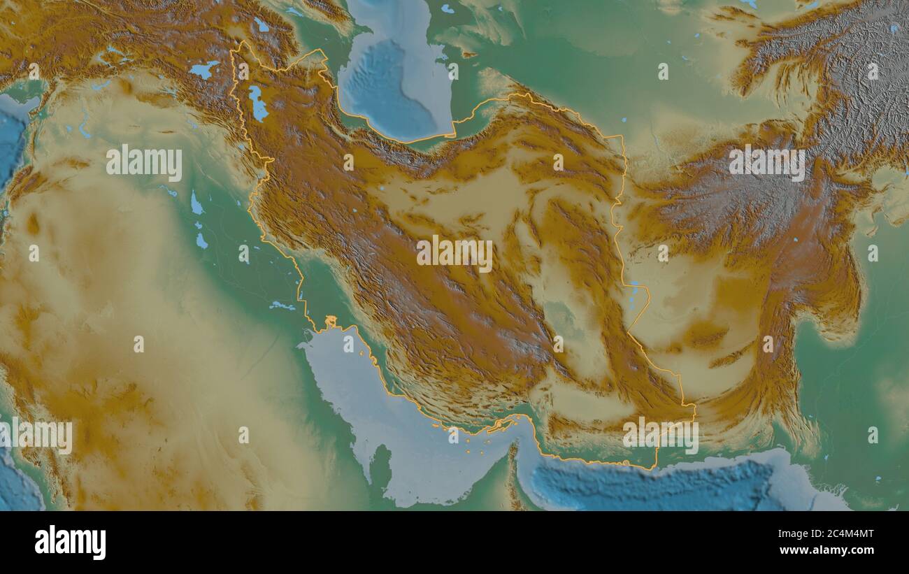 Outlined shape of the Iran area. Topographic relief map with surface ...