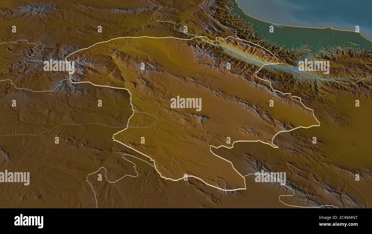 Zoom in on Zanjan (province of Iran) outlined. Oblique perspective ...