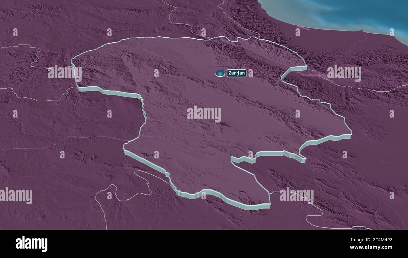 Zoom in on Zanjan (province of Iran) extruded. Oblique perspective ...