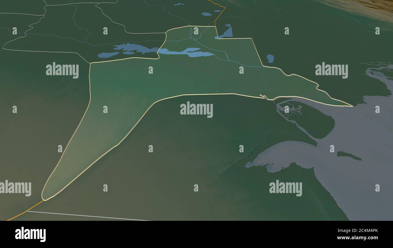 Zoom in on Al-Basrah (province of Iraq) outlined. Oblique perspective ...