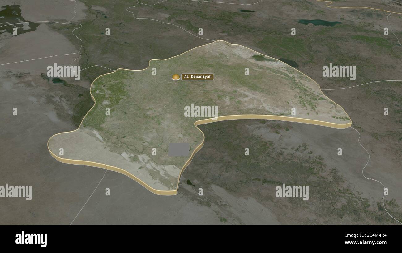 Zoom in on Al-Qadisiyah (province of Iraq) extruded. Oblique ...