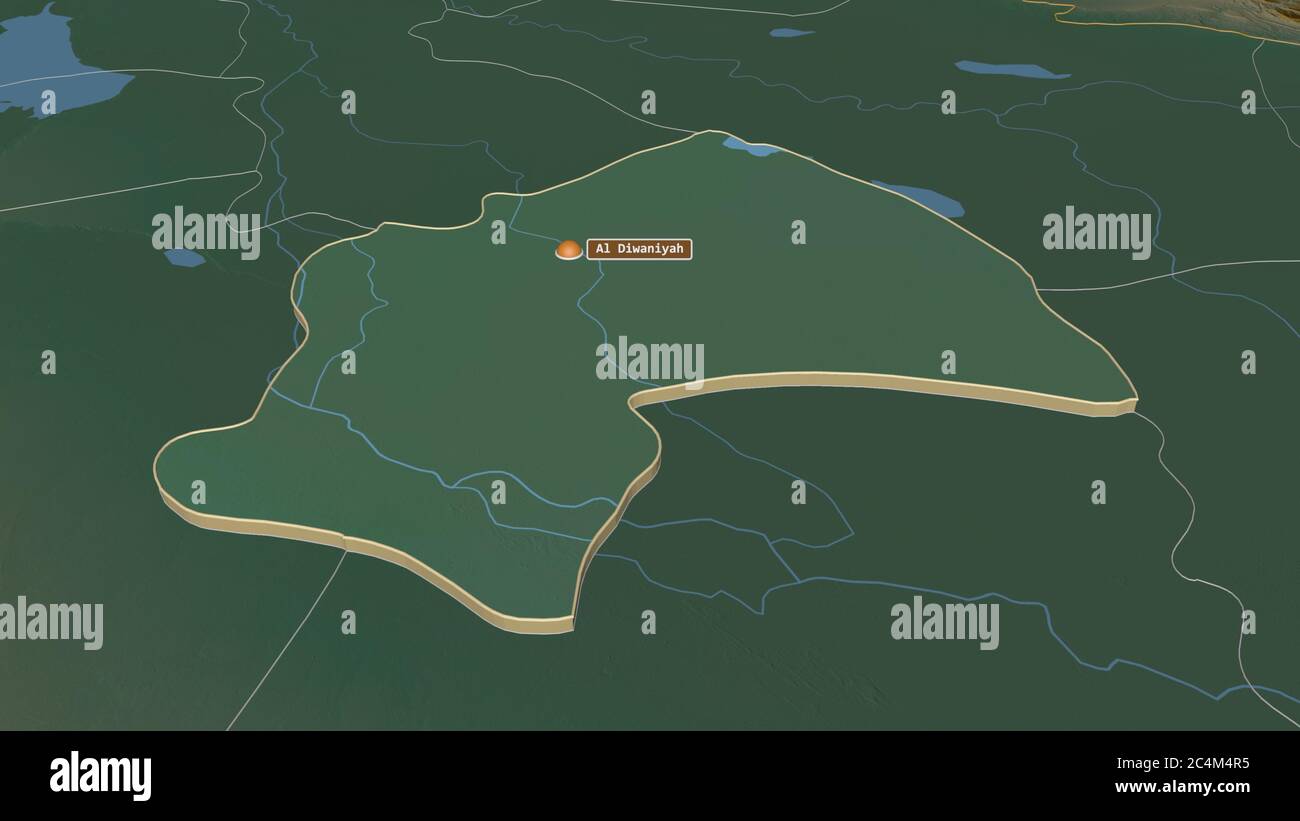 Zoom in on Al-Qadisiyah (province of Iraq) extruded. Oblique ...