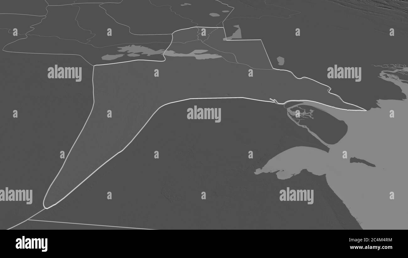 Zoom in on Al-Basrah (province of Iraq) outlined. Oblique perspective ...