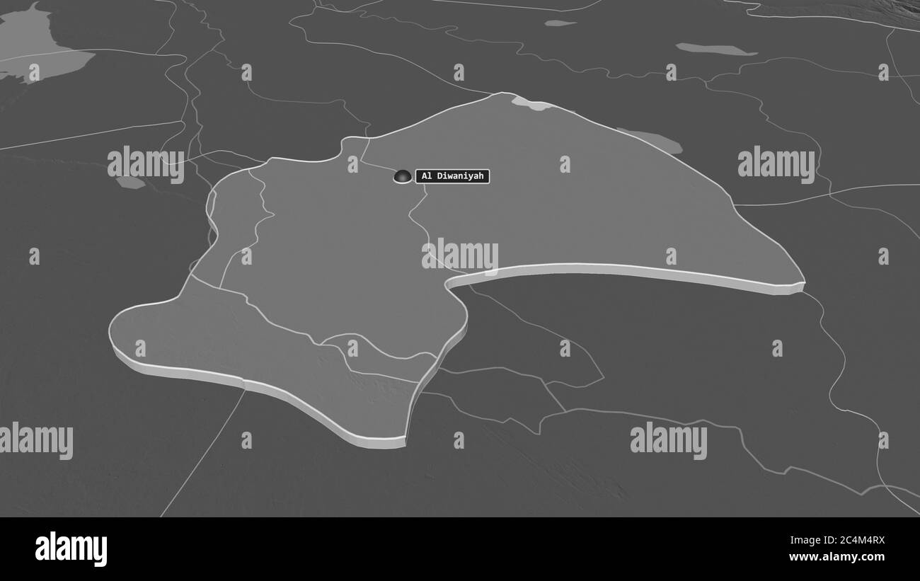 Zoom in on Al-Qadisiyah (province of Iraq) extruded. Oblique ...