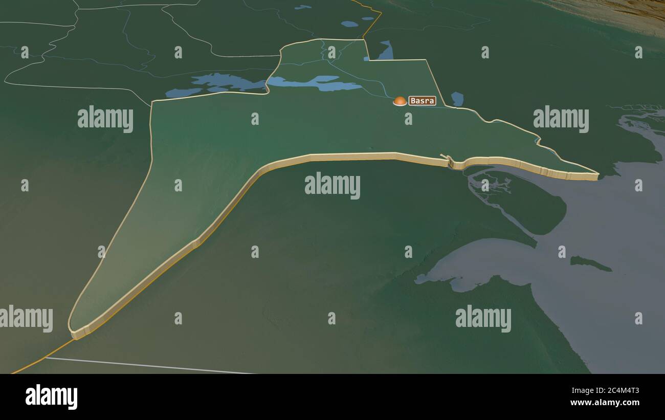 Zoom in on Al-Basrah (province of Iraq) extruded. Oblique perspective ...
