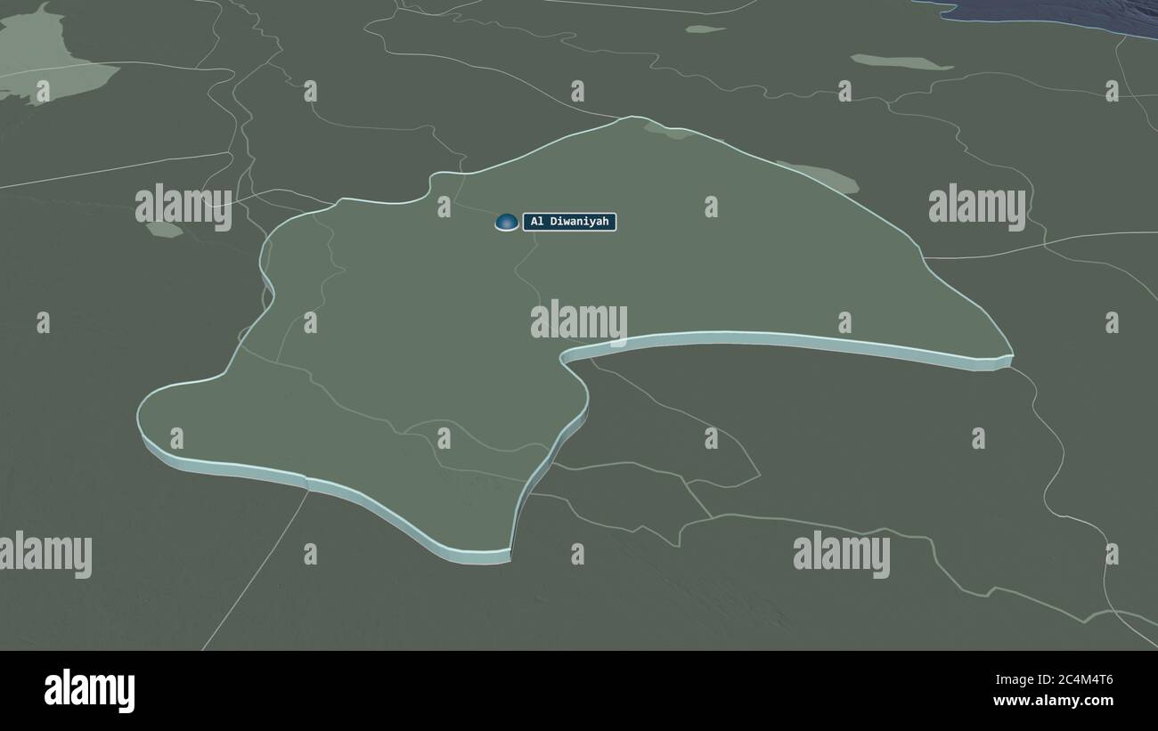 Zoom in on Al-Qadisiyah (province of Iraq) extruded. Oblique ...