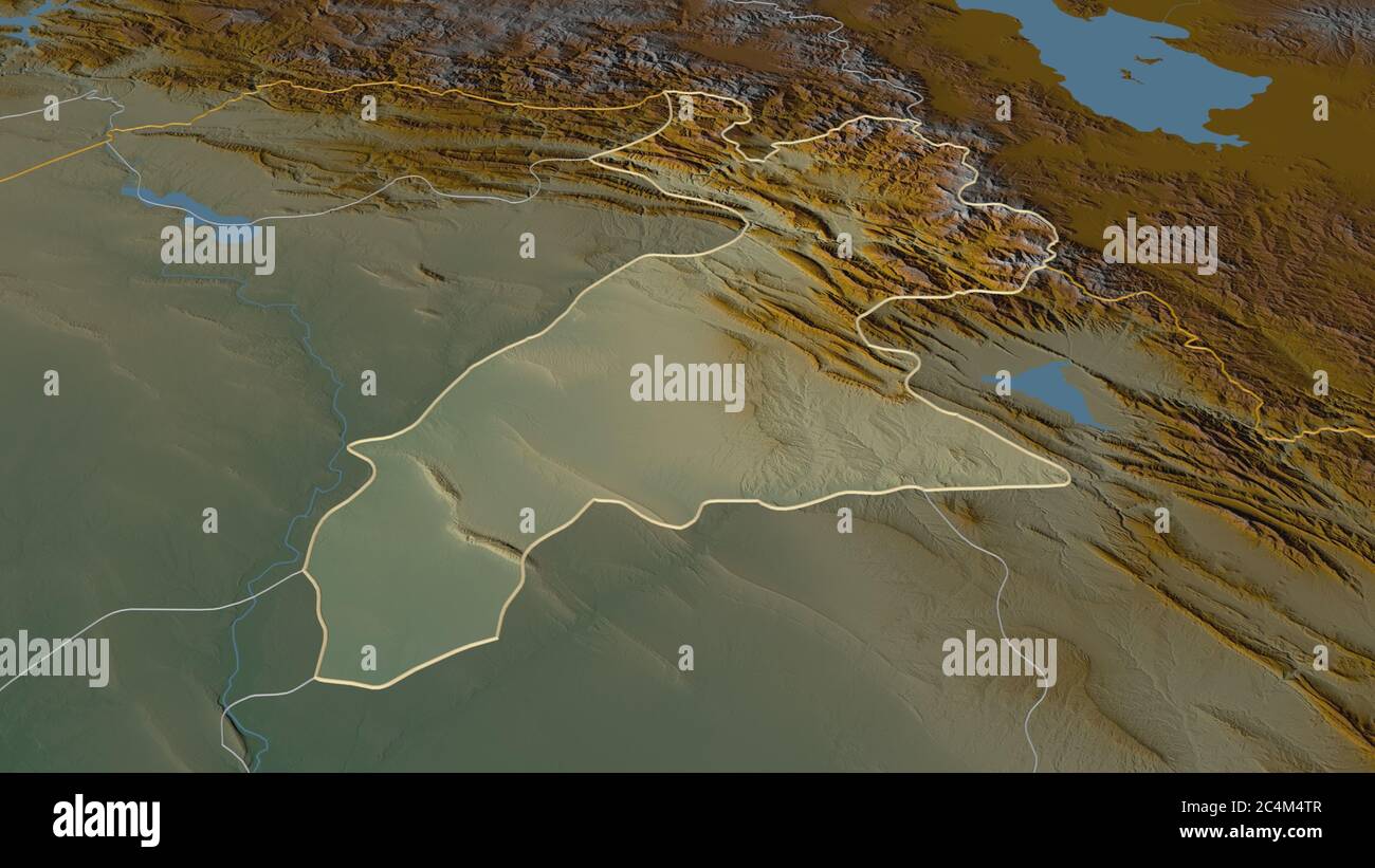 Zoom in on Arbil (province of Iraq) outlined. Oblique perspective ...