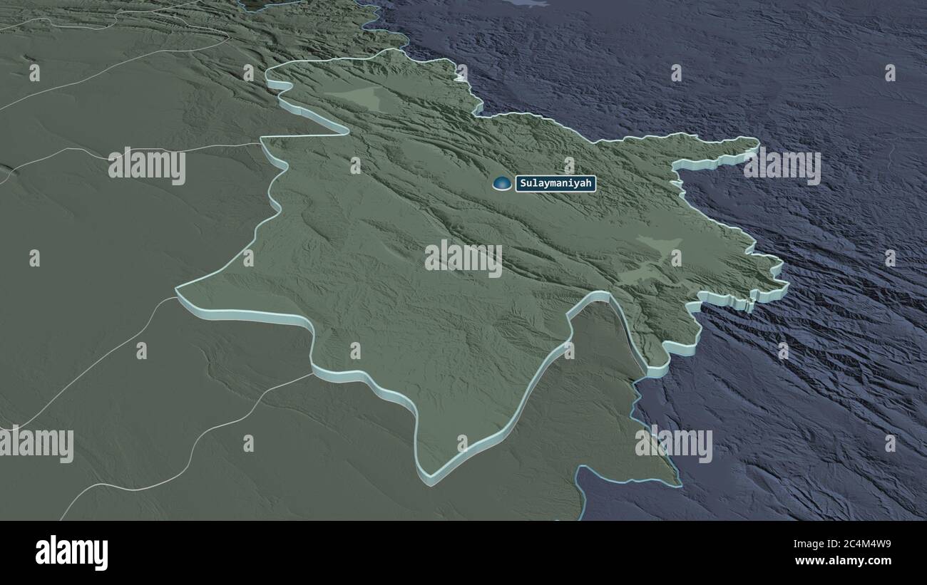 Zoom in on As-Sulaymaniyah (province of Iraq) extruded. Oblique ...