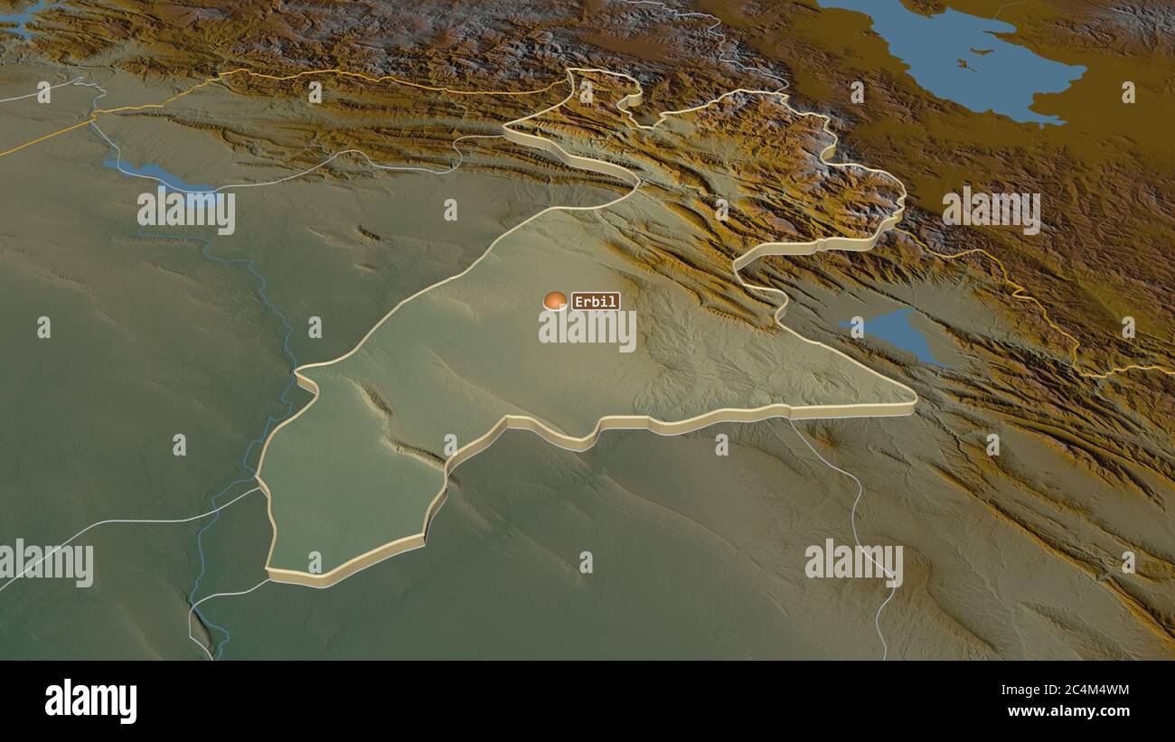 Zoom in on Arbil (province of Iraq) extruded. Oblique perspective ...