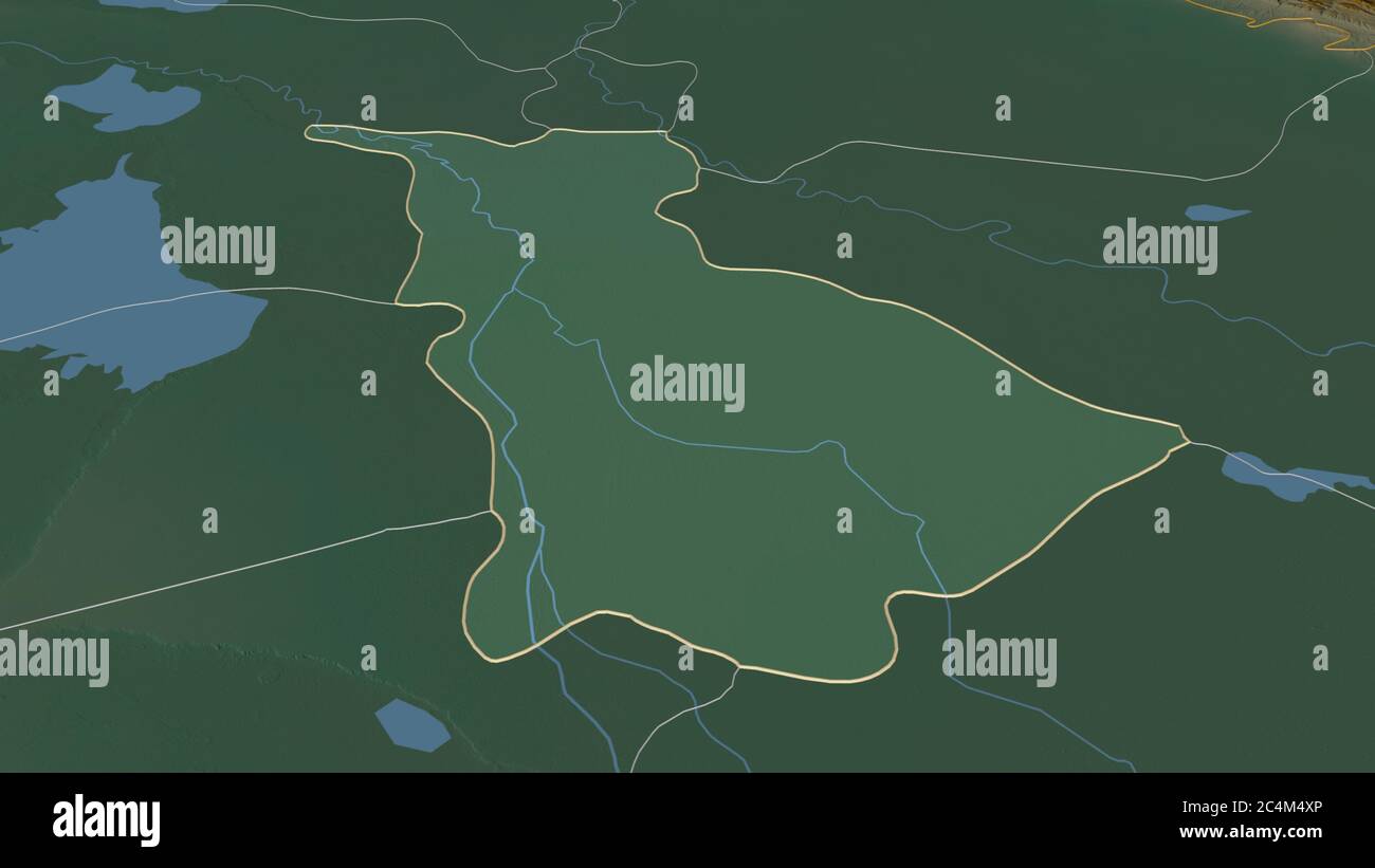 Zoom in on Babil (province of Iraq) outlined. Oblique perspective ...