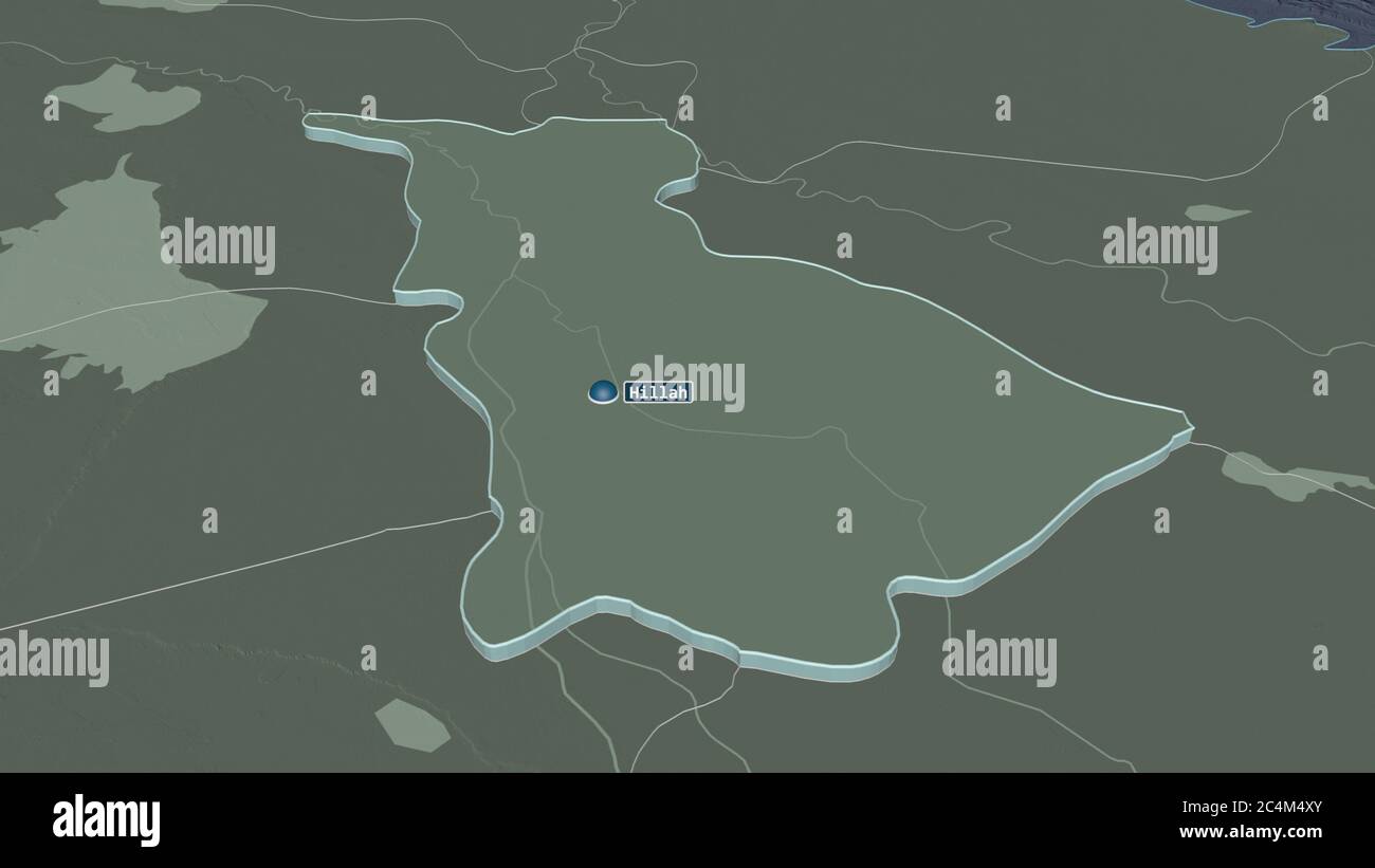 Zoom in on Babil (province of Iraq) extruded. Oblique perspective ...