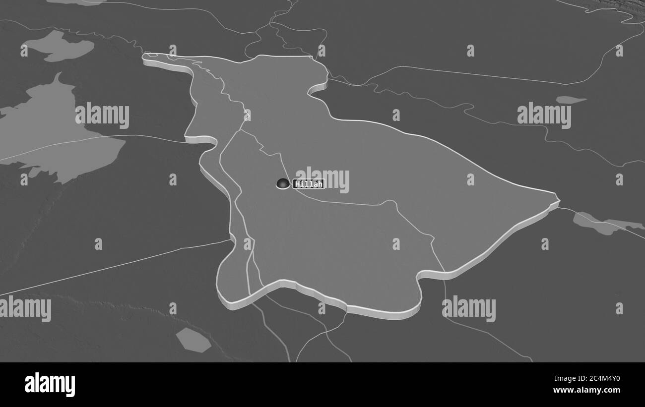 Zoom in on Babil (province of Iraq) extruded. Oblique perspective ...