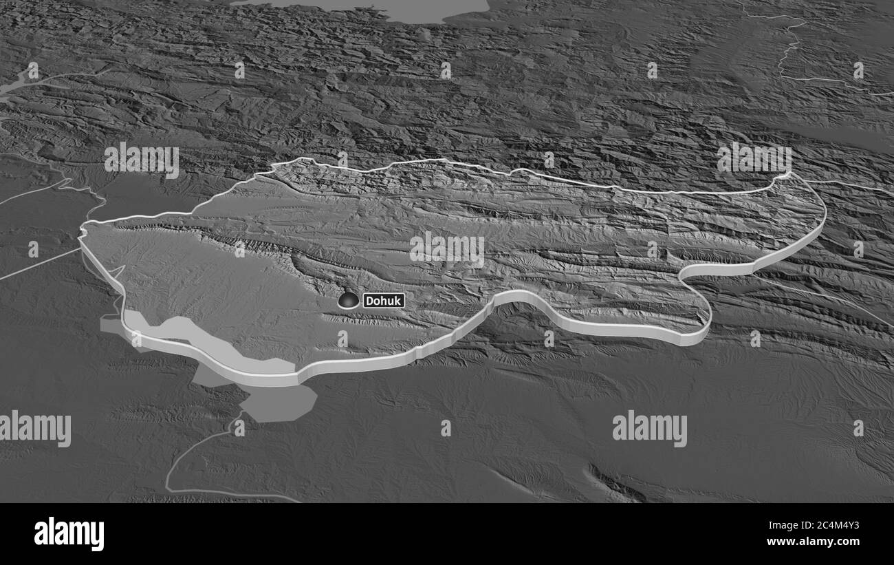 Zoom in on Dihok (province of Iraq) extruded. Oblique perspective ...