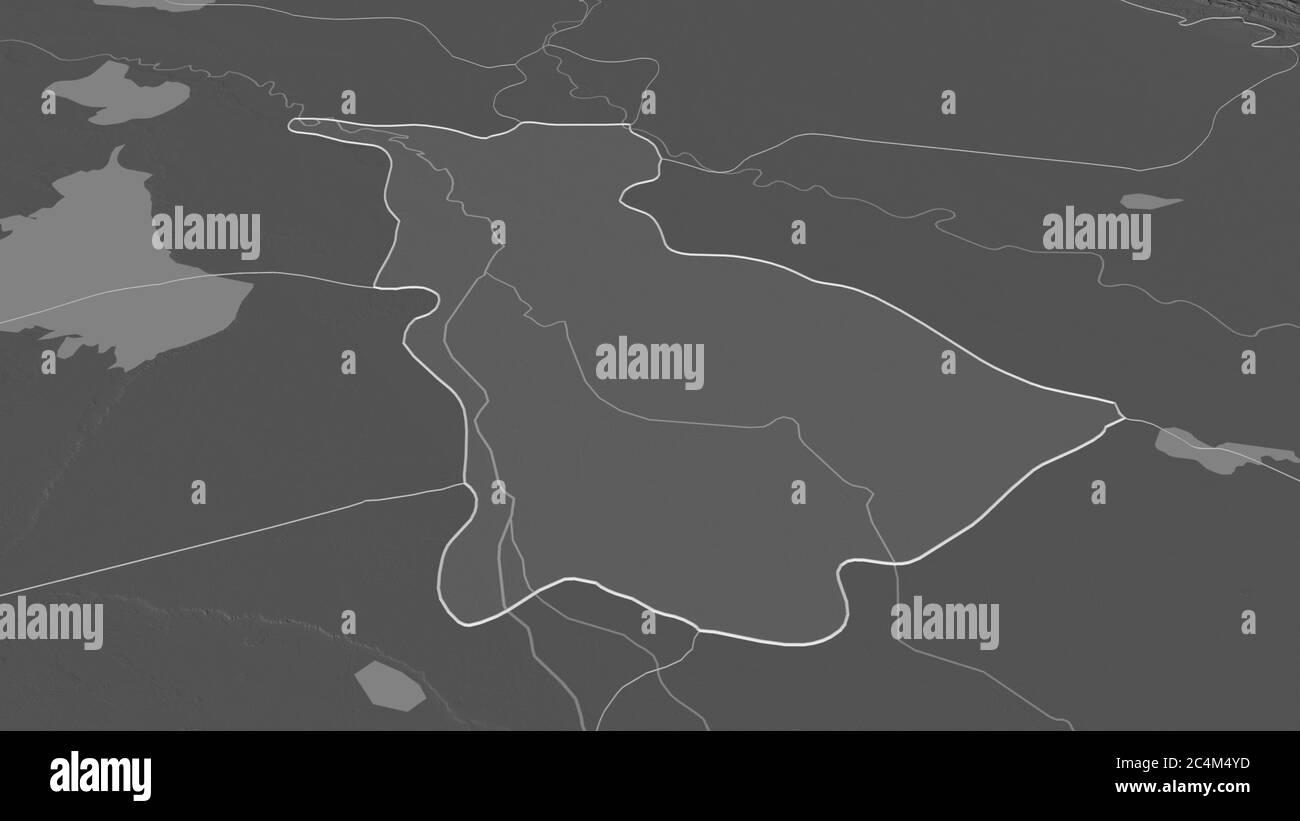 Zoom in on Babil (province of Iraq) outlined. Oblique perspective ...