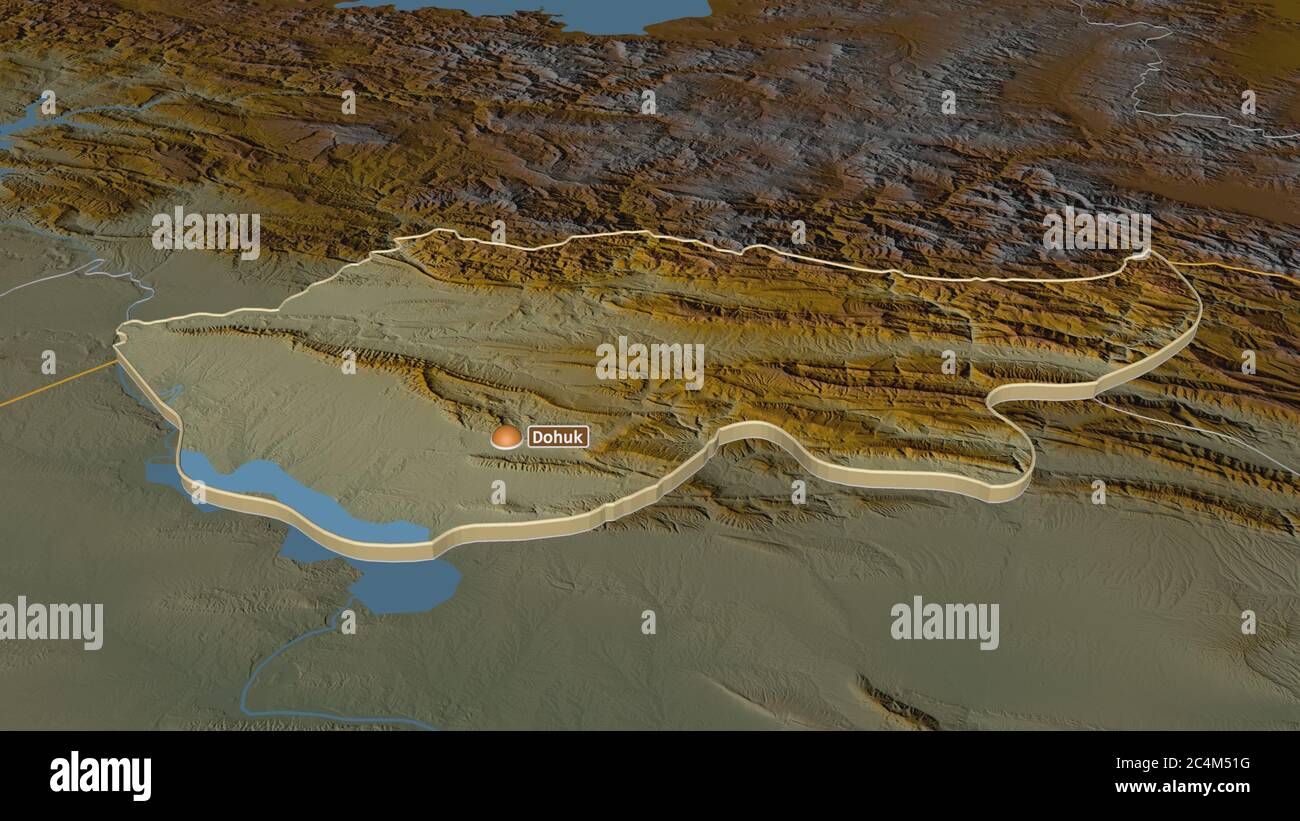 Zoom in on Dihok (province of Iraq) extruded. Oblique perspective ...