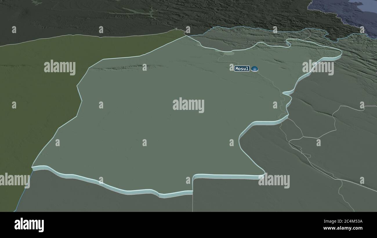 Zoom in on Ninawa (province of Iraq) extruded. Oblique perspective ...