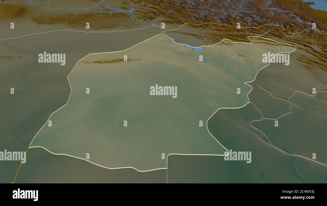 Zoom in on Ninawa (province of Iraq) outlined. Oblique perspective ...